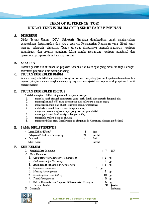 (DOC) TERM OF REFERENCE (TOR) DIKLAT TEKNIS UMUM (DTU) SEKRETARIS PIMPINAN