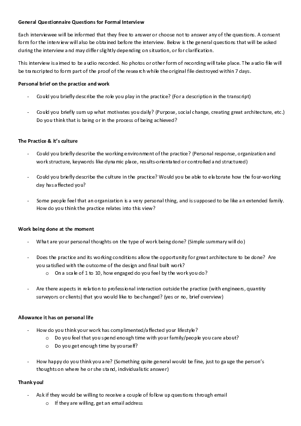 (PDF) General Questionnaire Questions for Formal Interview