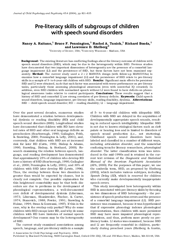 (PDF) Pre-literacy skills of subgroups of children with speech sound ...