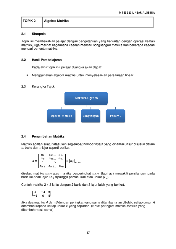 (PDF) MTE3110 LINEAR ALGEBRA 37 TOPIK 2 Algebra Matriks Matriks Algebra