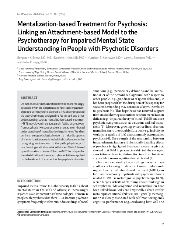 (PDF) Mentalization-based Treatment for Psychosis: Linking an ...
