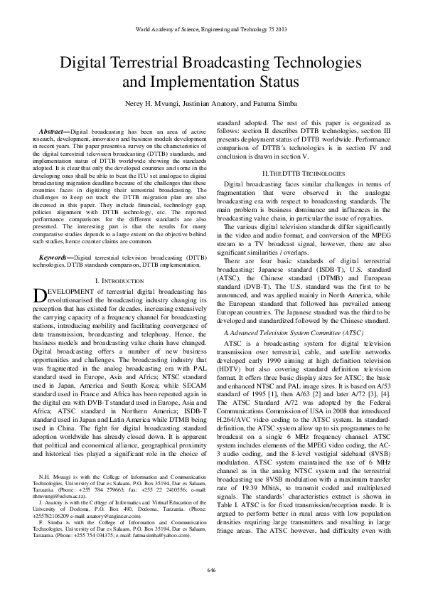 (PDF) Digital Terrestrial Broadcasting Technologies and Implementation Status