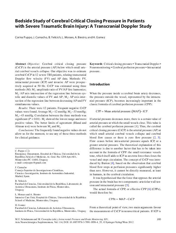 (PDF) Bedside study of cerebral critical closing pressure in patients ...