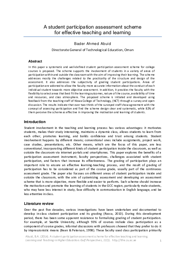 (PDF) A student participation assessment scheme for effective teaching ...