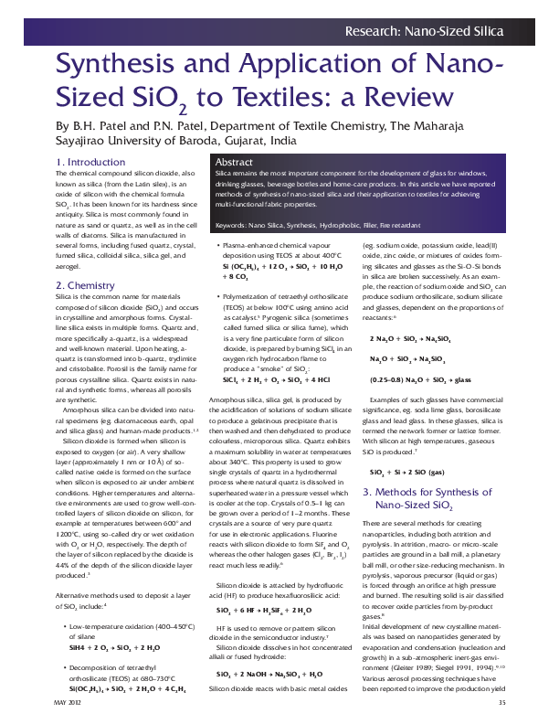 Pdf Synthesis And Application Of Nano Sized Sio2 To Textiles A Review