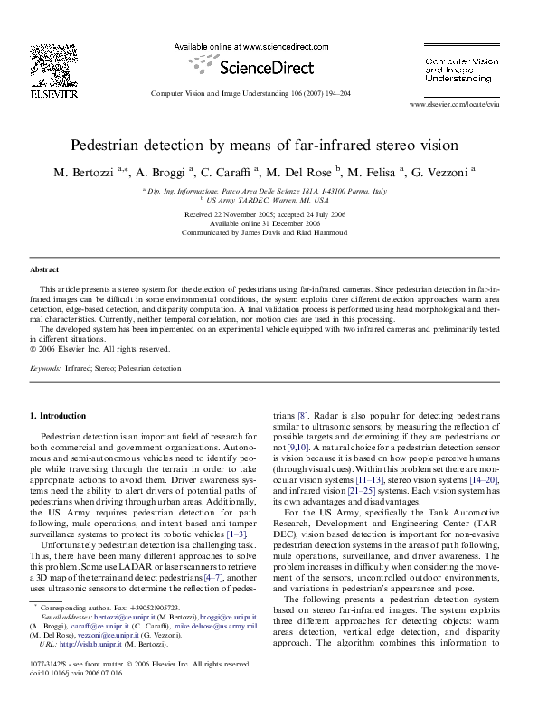 (PDF) Pedestrian detection by means of far-infrared stereo vision