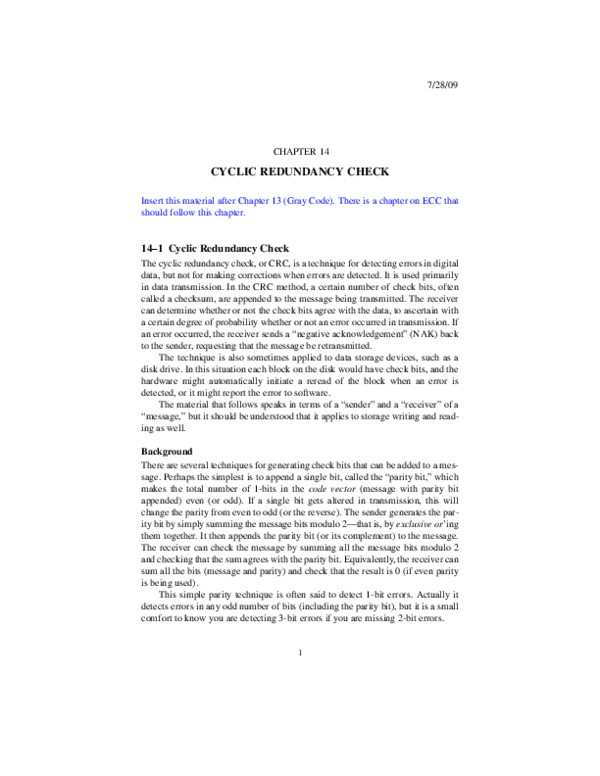 Pdf Cyclic Redundancy Check 14 1 Cyclic Redundancy Check