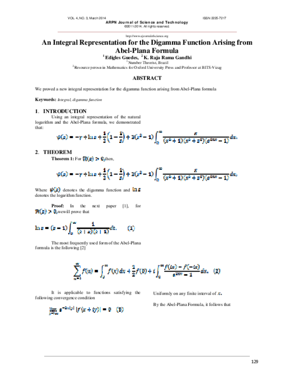 (PDF) An Integral Representation for the Digamma Function Arising from ...