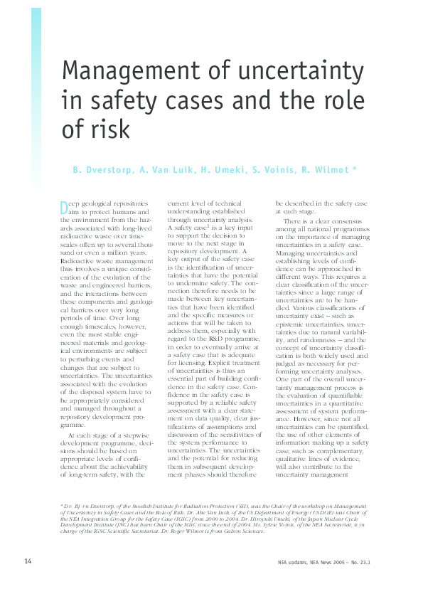 (PDF) Management of uncertainty in safety cases and the role of risk