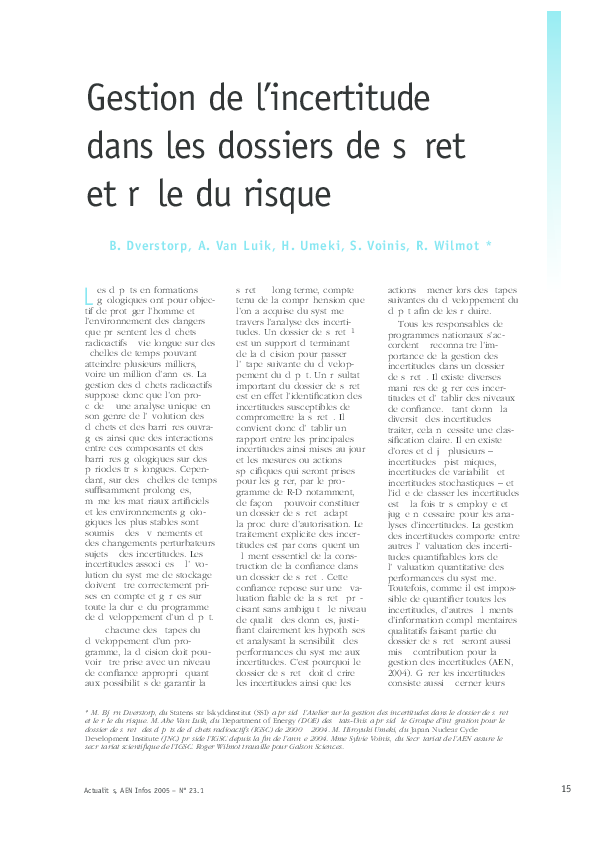 (PDF) Gestion de l'incertitude dans les dossiers de sûreté et rôle du risque