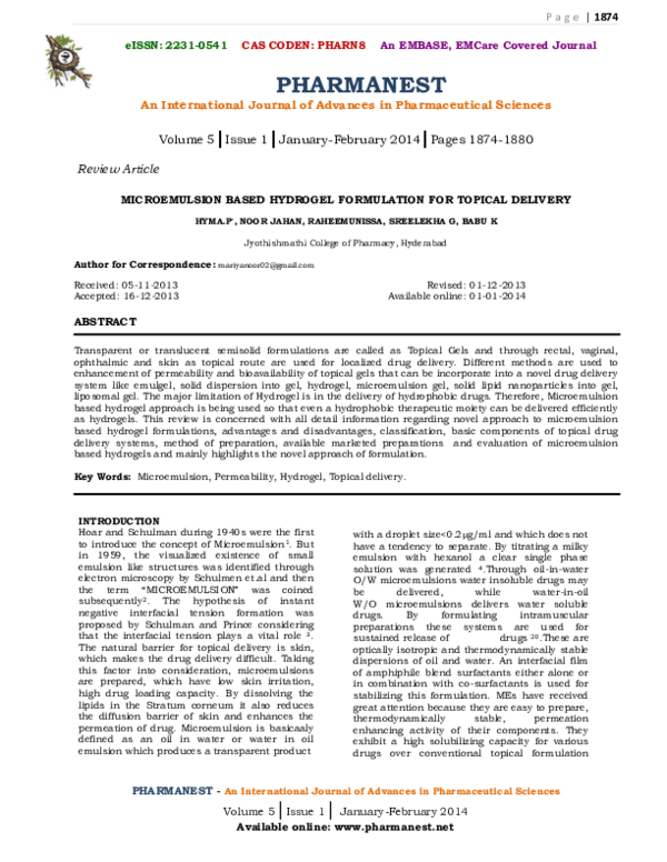 (PDF) MICROEMULSION BASED HYDROGEL FORMULATION FOR TOPICAL DELIVERY
