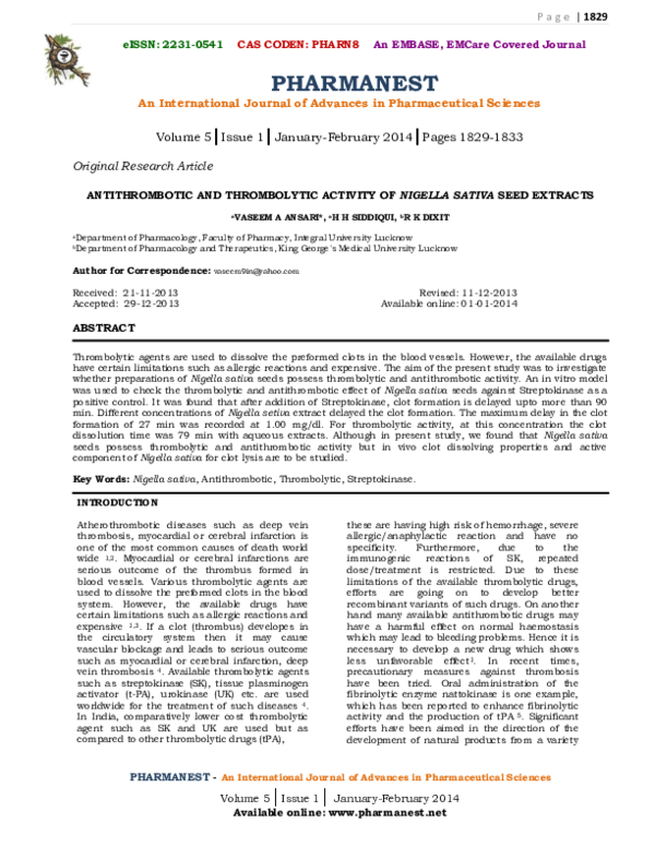 (PDF) ANTITHROMBOTIC AND THROMBOLYTIC ACTIVITY OF NIGELLA SATIVA SEED EXTRACTS