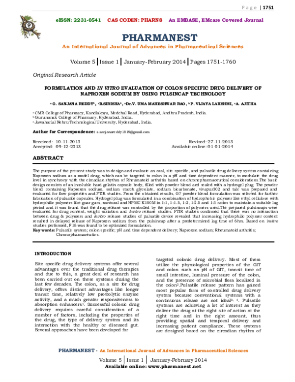 Pdf Formulation And In Vitro Evaluation Of Colon Specific Drug Delivery Of Naproxen Sodium By