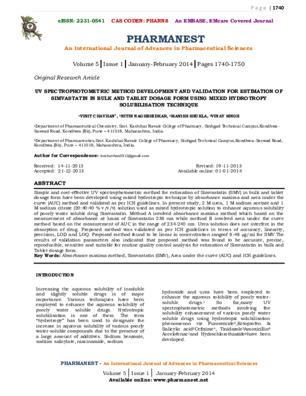 Pdf Uv Spectrophotometric Method Development And Validation For Estimation Of Simvastatin In