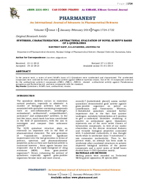 (PDF) SYNTHESIS, CHARACTERIZATION, ANTIBACTERIAL EVALUATION OF NOVEL SCHIFF'S BASES OF 2-QUINOLONES