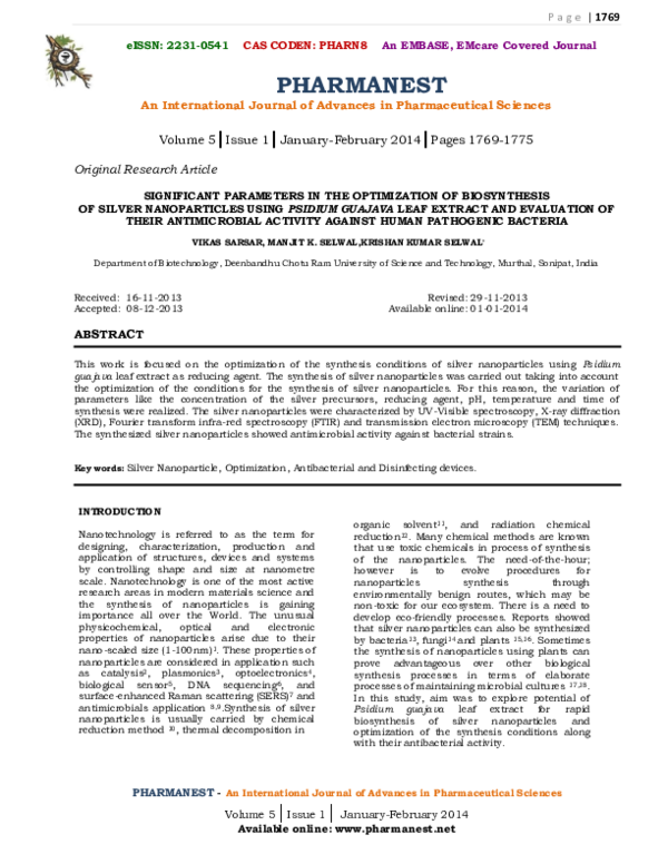 (PDF) SIGNIFICANT PARAMETERS IN THE OPTIMIZATION OF BIOSYNTHESIS OF SILVER NANOPARTICLES USING ...