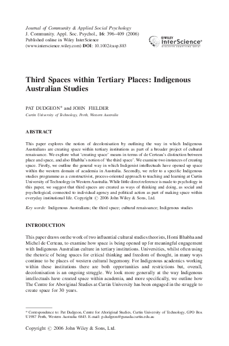 (PDF) Third spaces within tertiary places: Indigenous Australian studies