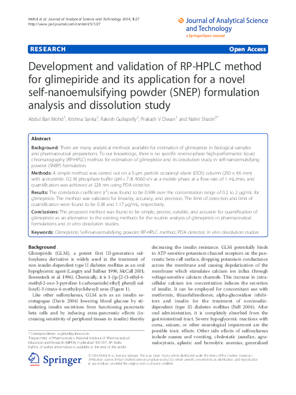 Pdf R Development And Validation Of Rp Hplc Method For Glimepiride And Its Application For A
