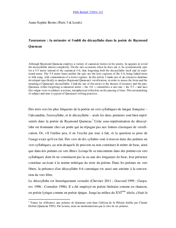 (PDF) Taratantara : mémoire et oubli du décasyllabe chez Queneau