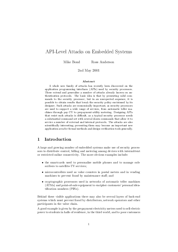 (PDF) API-Level Attacks on Embedded Systems