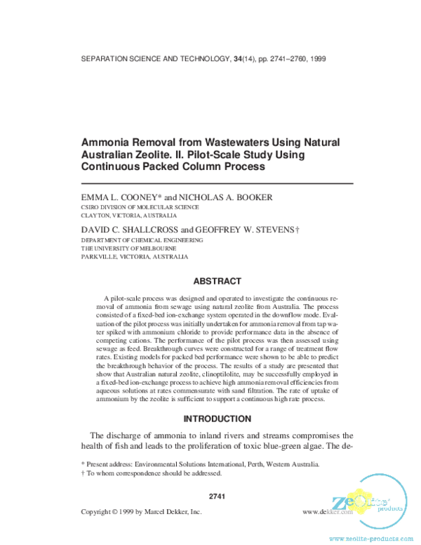 (PDF) Ammonia removal from wastewaters using natural Australian zeolite. 2. Pilot-scale study ...