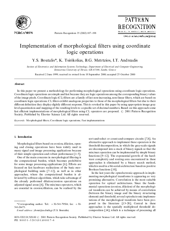 Pattern Recognition 35 2002 187 198 Implementation Of Morphological Filters Using Coordinate