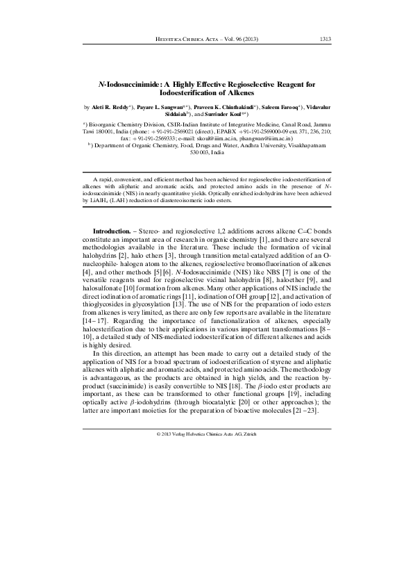 (PDF) N-Iodosuccinimide: A Highly Effective Regioselective Reagent for ...