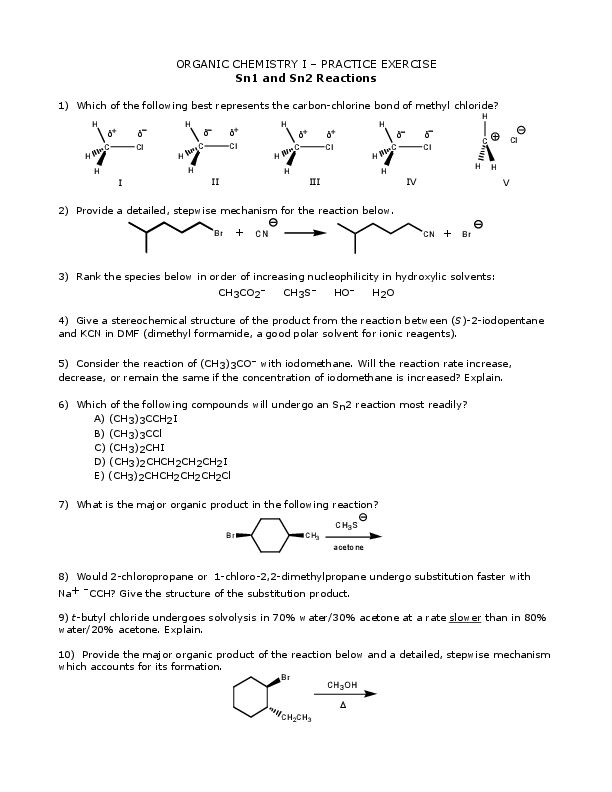 (PDF) ORGANIC CHEMISTRY I – PRACTICE EXERCISE Sn1 and Sn2 Reactions