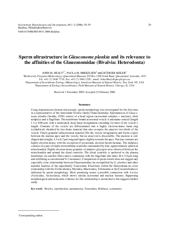 (PDF) Sperm ultrastructure in Glauconome plankta and its relevance to the affinities of the ...