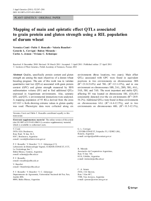 (PDF) 2011 Mapping of main and epistatic effect QTLs associated | Pablo Federico Roncallo ...