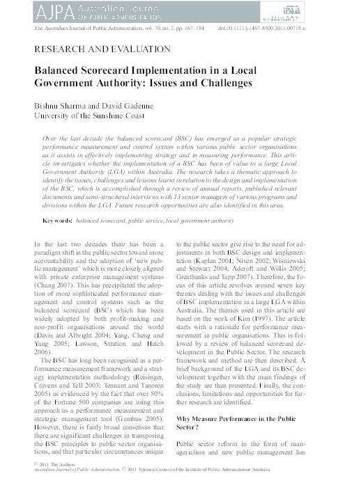 (PDF) Balanced Scorecard Implementation in a Local Government Authority: Issues and Challenges