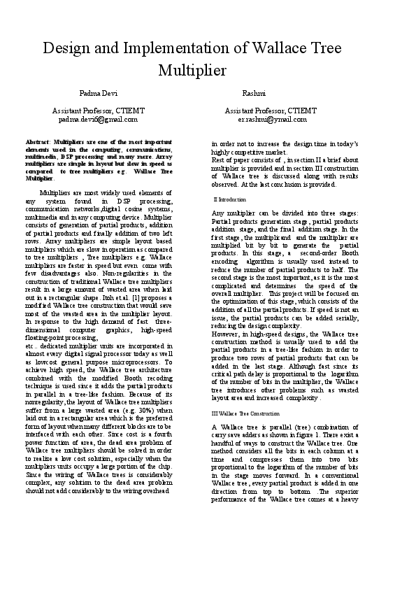 (PDF) Design and Implementation of Wallace Tree Multiplier