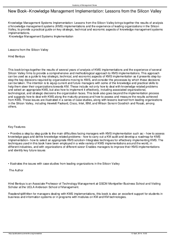 (PDF) New Book--Knowledge Management Implementation: Lessons from the ...