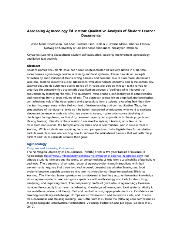 (PDF) Assessing Agroecology Education: Qualitative Analysis of Student Learner Documents. 2014