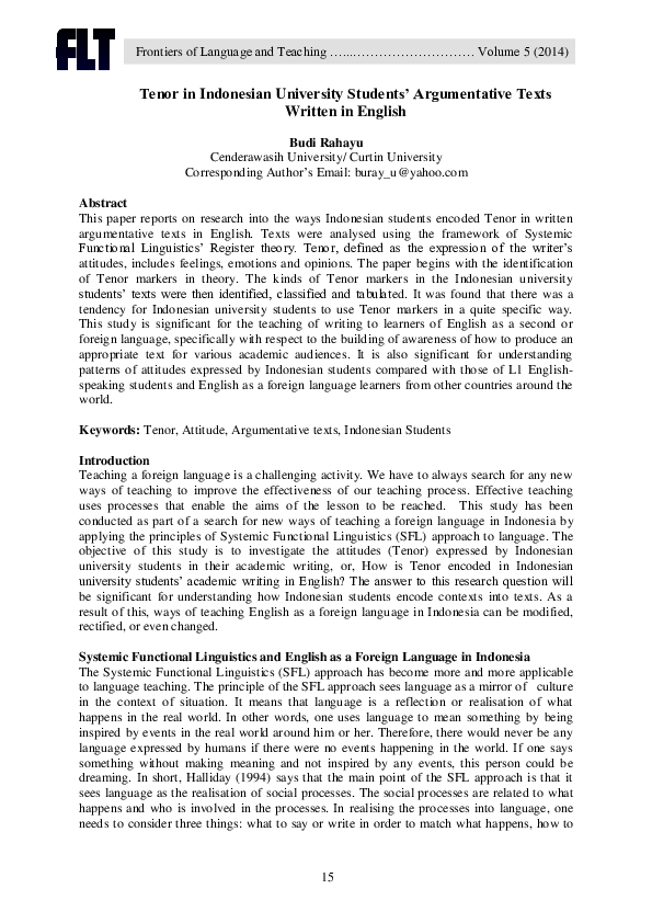 Tenor in Indonesian University Students’ Argumentative Texts Written in ...