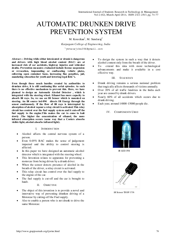 (PDF) Automatic Drunken Drive Prevention System
