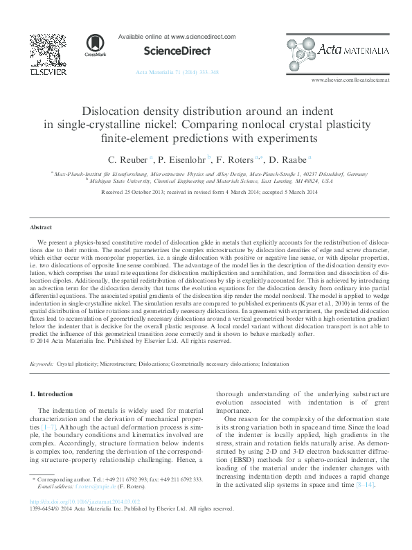 (PDF) Dislocation density distribution around an indent in single-crystalline nickel: Comparing ...