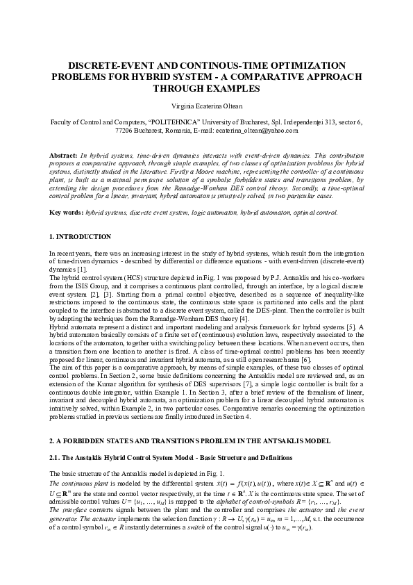 (PDF) DISCRETE-EVENT AND CONTINOUS-TIME OPTIMIZATION PROBLEMS FOR HYBRID SYSTEM - A COMPARATIVE ...