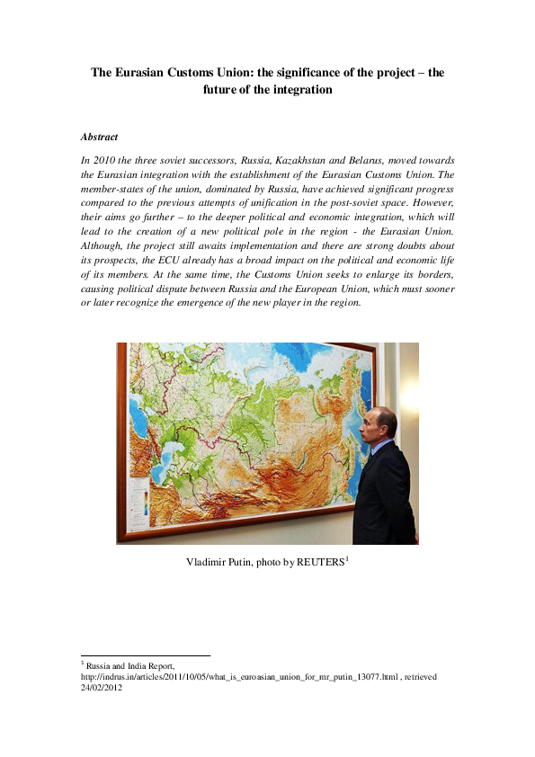 (PDF) The Eurasian Customs Union: the significance of the project – the ...