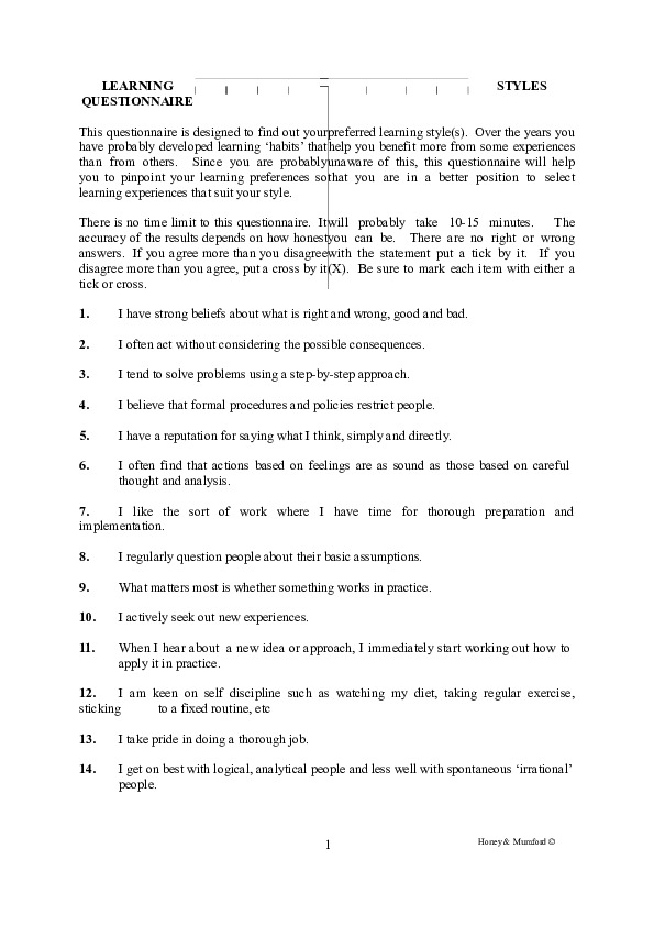 (DOC) LEARNING STYLES QUESTIONNAIRE