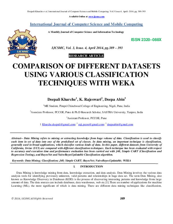 Pdf Comparison Of Different Datasets Using Various Classification Techniques With Weka