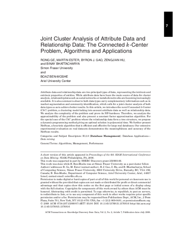(PDF) Joint cluster analysis of attribute data and relationship data: The connected k-center ...
