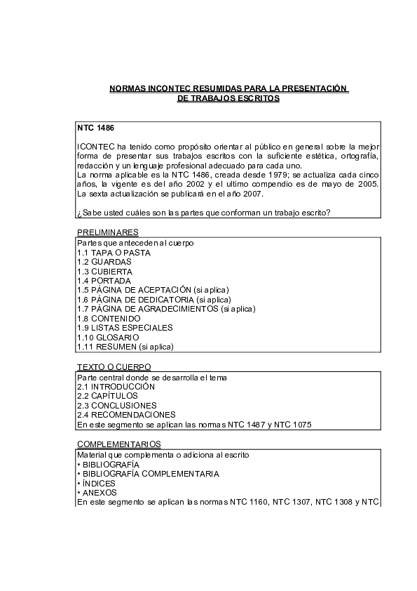 (PDF) NORMAS INCONTEC RESUMIDAS PARA LA PRESENTACIÓN DE TRABAJOS ESCRITOS