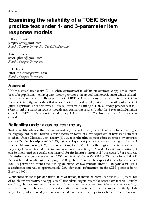 (PDF) Examining the Reliability of a TOEIC Bridge Practice Test under 1 ...