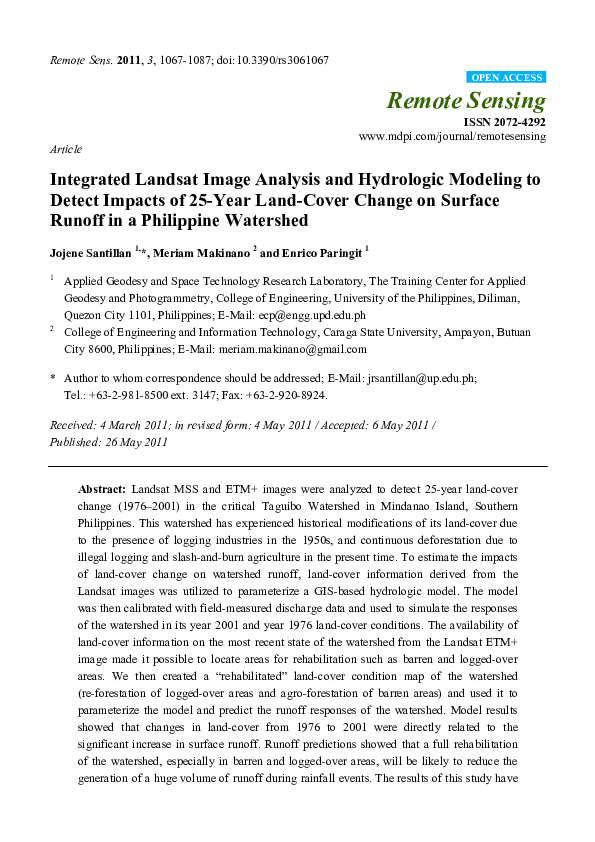 (PDF) Remote Sensing Integrated Landsat Image Analysis and Hydrologic Modeling to Detect Impacts ...
