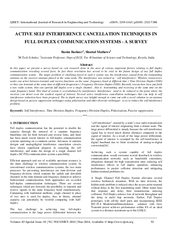 Pdf Active Self Interference Cancellation Techniques In Full Duplex Communication Systems A