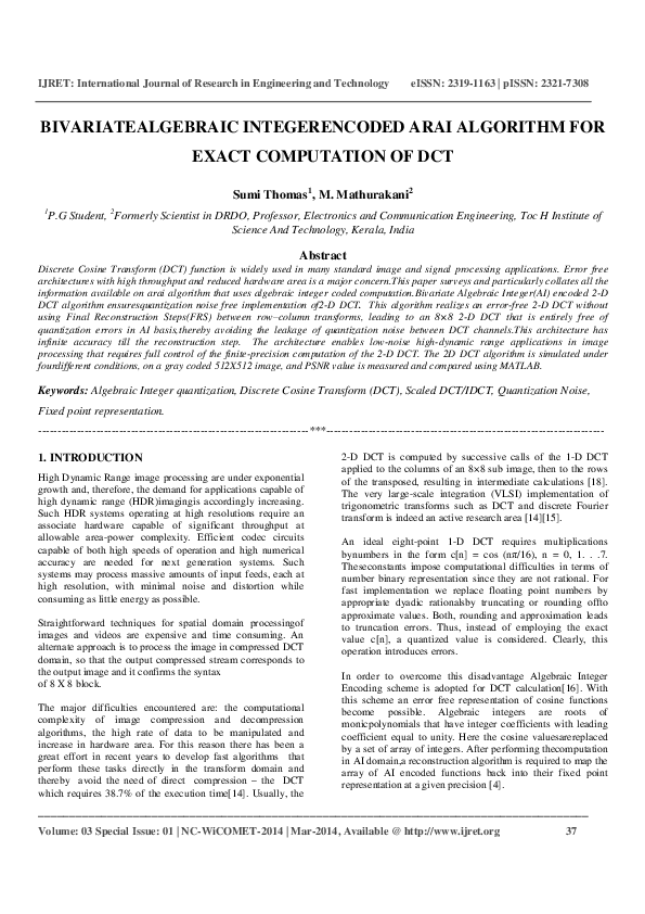 (PDF) BIVARIATEALGEBRAIC INTEGERENCODED ARAI ALGORITHM FOR EXACT COMPUTATION OF DCT
