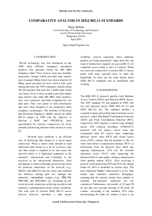 Pdf Mobile And Ad Hoc Networks Comparative Analysis In Ieee 80211 Standards