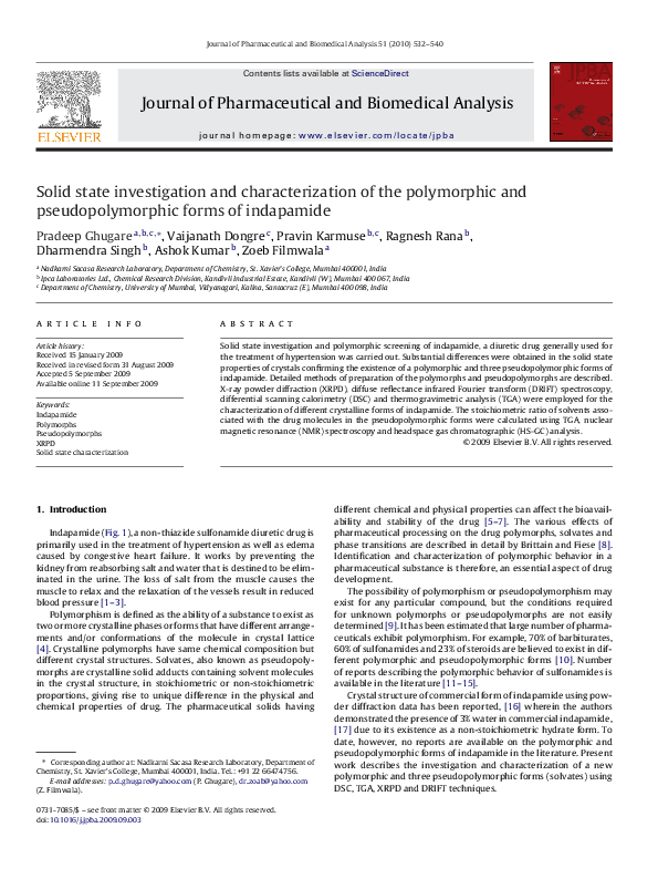 Pdf Indapamide Polymorphs Pseudopolymorphs Xrpd Solid State Characterization