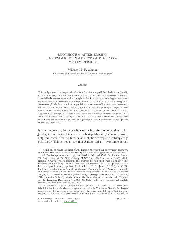 (PDF) Exotericism After Lessing: The Enduring Influence of F.H. Jacobi ...